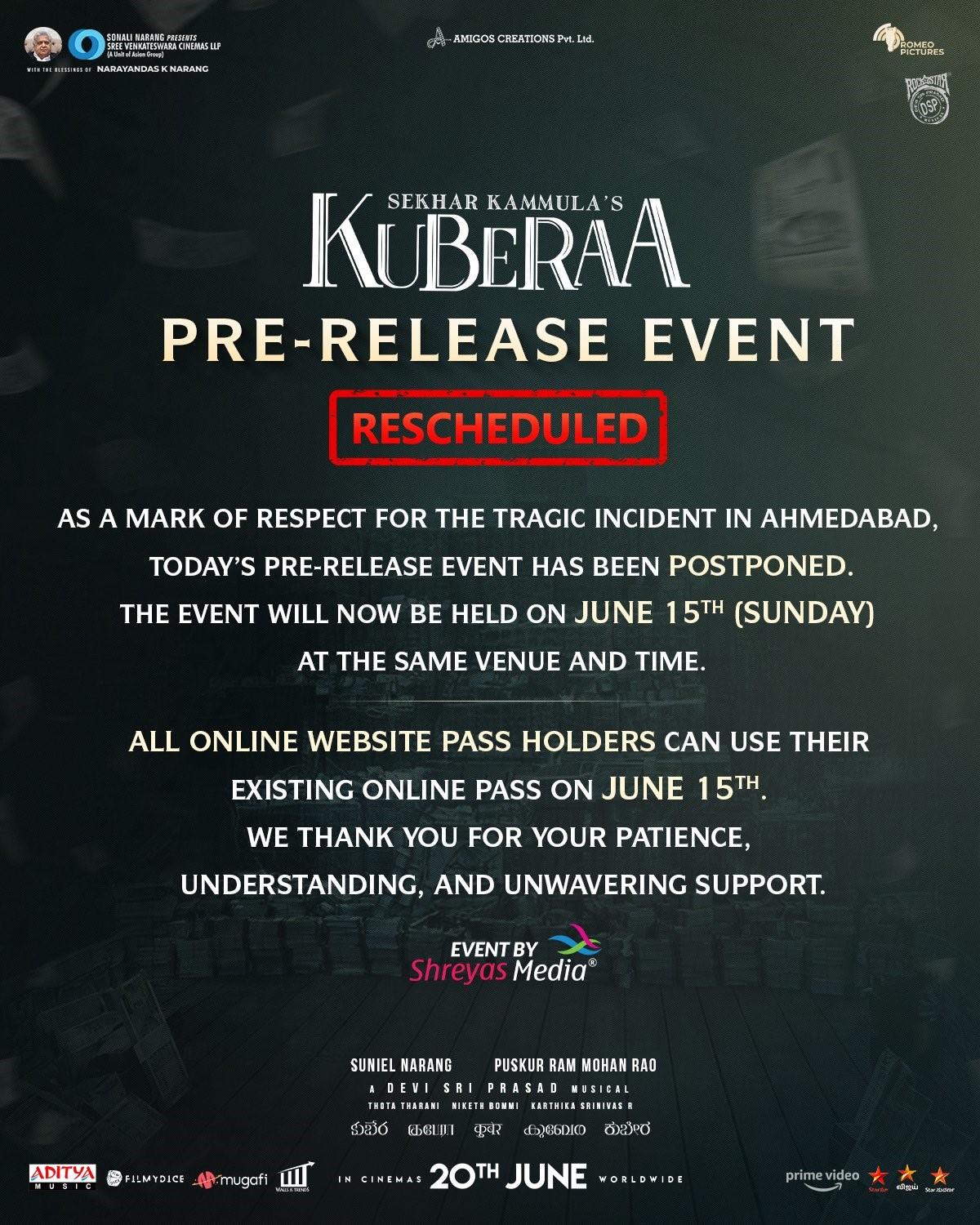 Kuberaa trailer, pre-release event postponed due to Ahmedabad Air India Plane Crash Tamil Movie ...